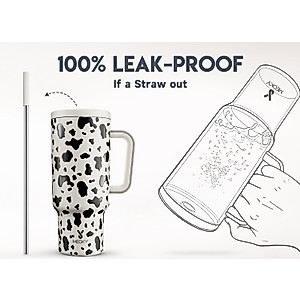 Meoky 40 oz Tumbler with Handle and Straw, Tumbler with Lid and Straw, Insulated Stainless Steel Travel Mug, 100% Leak-proof, Keeps Cold for 34 Hours or Hot for 10 Hours (Cow)