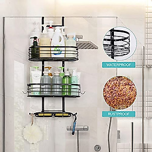 Fogein Over the Door Shower Caddy, 3 Tier Hanging Organizer Shelf Rustproof, Shower Basket with Suction Cup, Bathroom Shower Caddy Over The Door with Hook & Soap Box, No Drilling(Black)