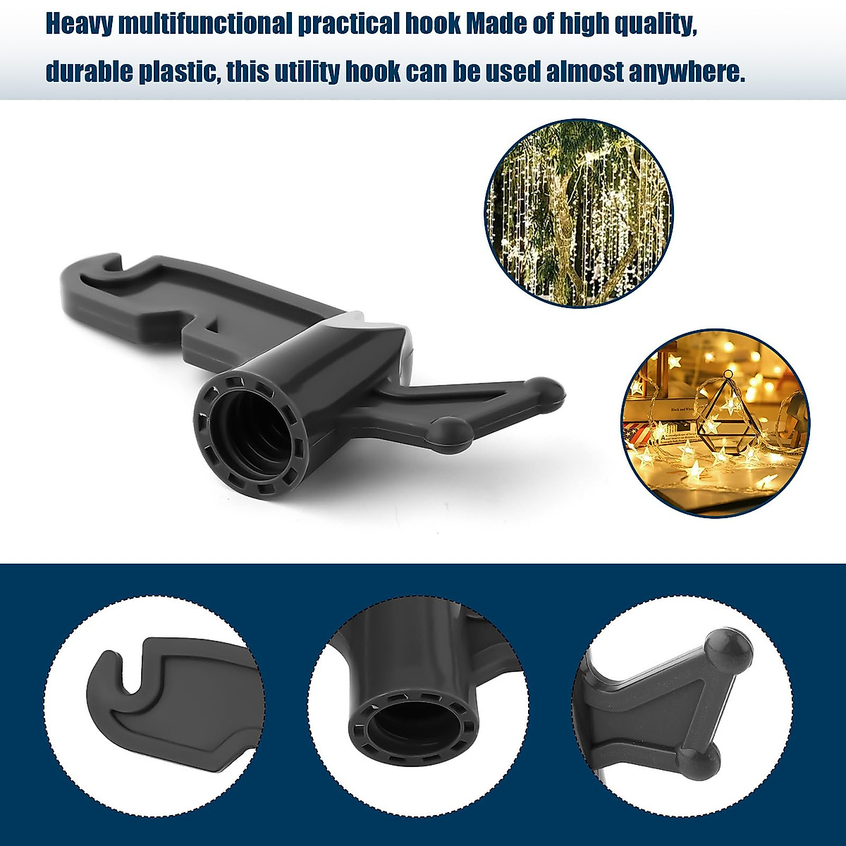 PEUTIER 4pcs Plastic Utility Hook, 3/4 inch Screw on Pole Hook Attachment Multi Purpose Extension Pole Hook for Threaded Poles Hanging Christmas Light Strings Bird Feeders Rope (Black)