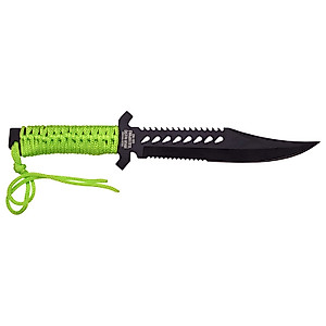 Z-Hunter – Fixed Blade Survival Knife – Partially Serrated Black Steel Blade with Sawback, Full Tang, Green Cord Wrapped Handle w/Lanyard, Nylon Sheath, Outdoor, Hunt, Camp, Hike, Survival, ZB-103