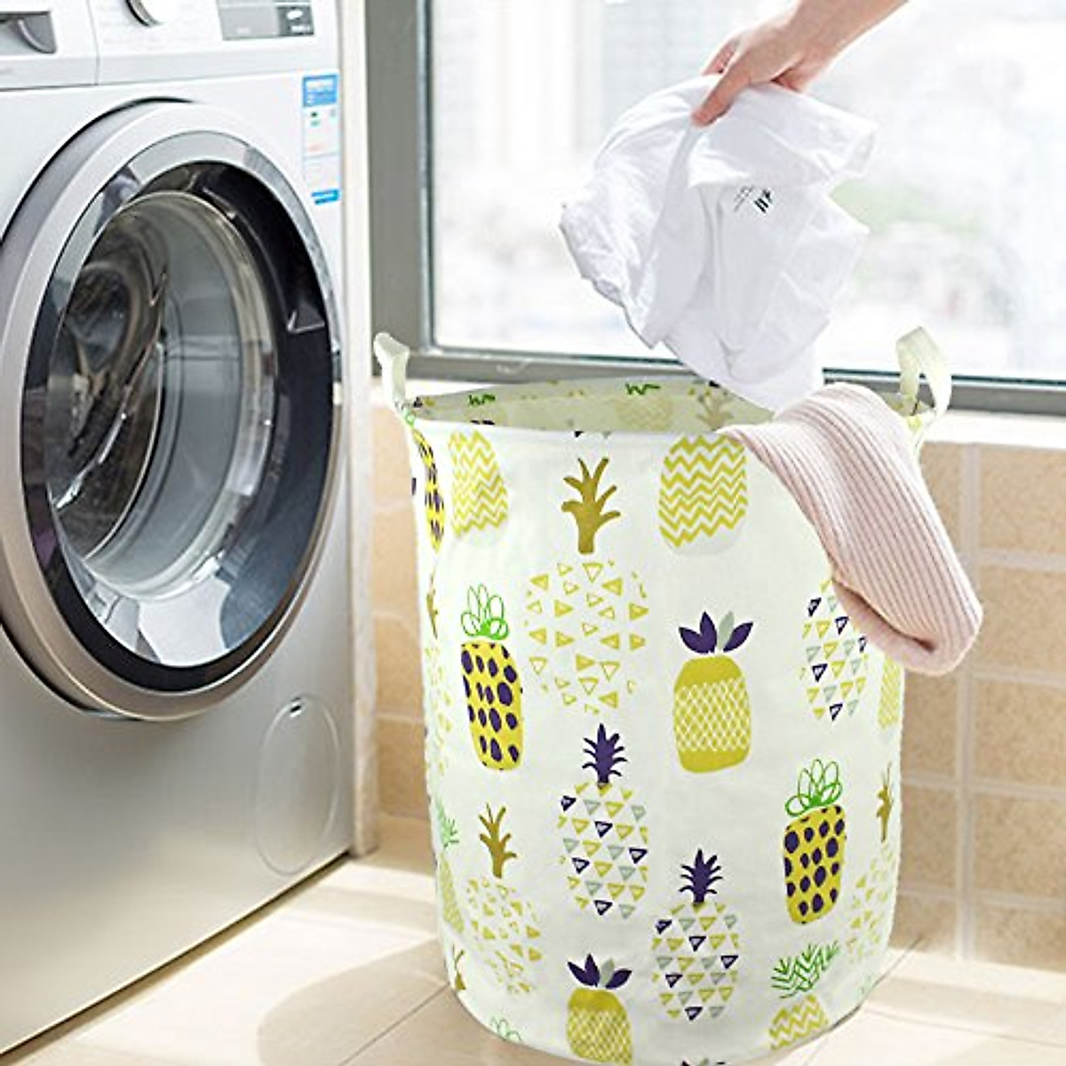 Orino 19 x 16.5 Inches Extra Large Canvas Fabric Folding Storage bin with Handle Waterproof Home Decor Laundry Hamper Organize Pineapple Storage Baskets for Dirty Clothes, Toy (Yellow)