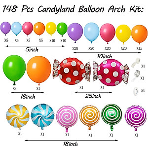 Candyland Party Decorations 148 Pcs Rainbow Candy Balloon Garland Arch Kit with Lollipop Candy Foil Balloon for Candyland Themed Birthday Sweet Baby Shower Decorations