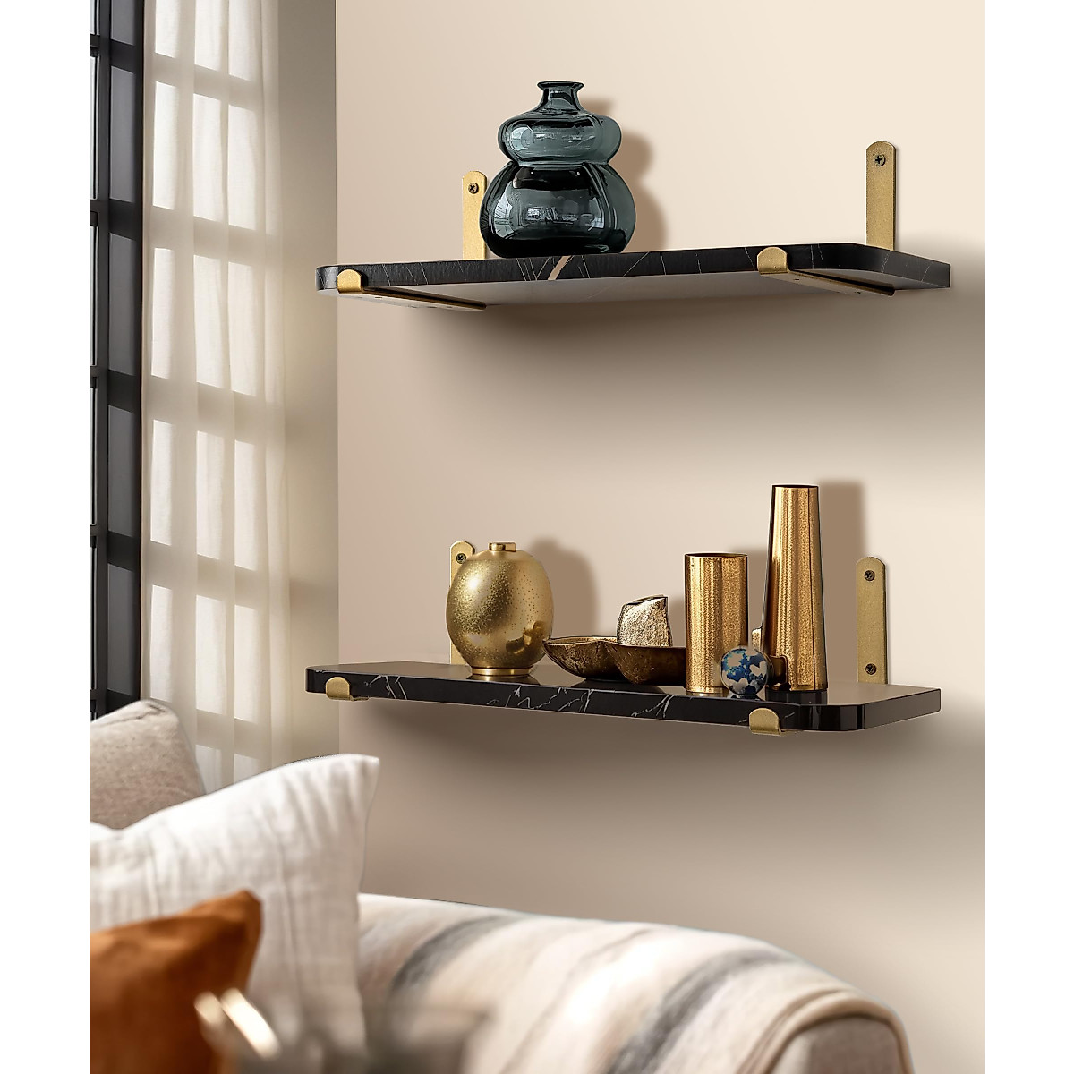 Godimerhea Floating Shelves for Wall Set of 2 Gold Black Floating Shelves Wall Mount Wood Storage Organzier Wall Shelf with Gold Brackets for Living Room Bedroom Bathroom Kitchen