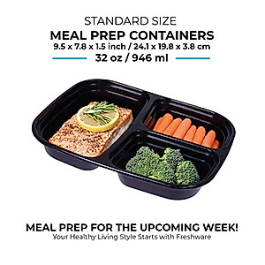 Freshware Meal Prep Containers [25 Pack] 3 Compartment with Lids, Food Storage Containers, Bento Box, Stackable, Microwave/Dishwasher Safe (32 oz)