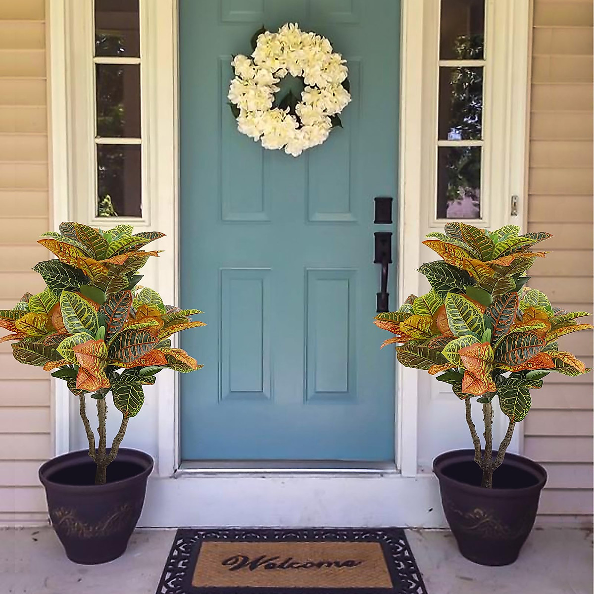 2PCS Artificial Croton Plant, Faux Fiddle Leaf fig Tree,Artificial Trees for Home Decor,Floor Plant,Front Porch Plants with Plastic Pot, Faux Ficus Lyrata Tree,35inch