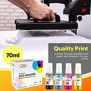 NGOODIEZ Eco Solvent Ink Auto-Fill Water Based Ink, Conversion Kit Refill Ink for Epson EcoTank & Workforce Printers - Ideal for HTV, Vinyl Stickers, Decals, T-Shirts, Mugs (1B/1C/1M/1Y, 4x70ml)
