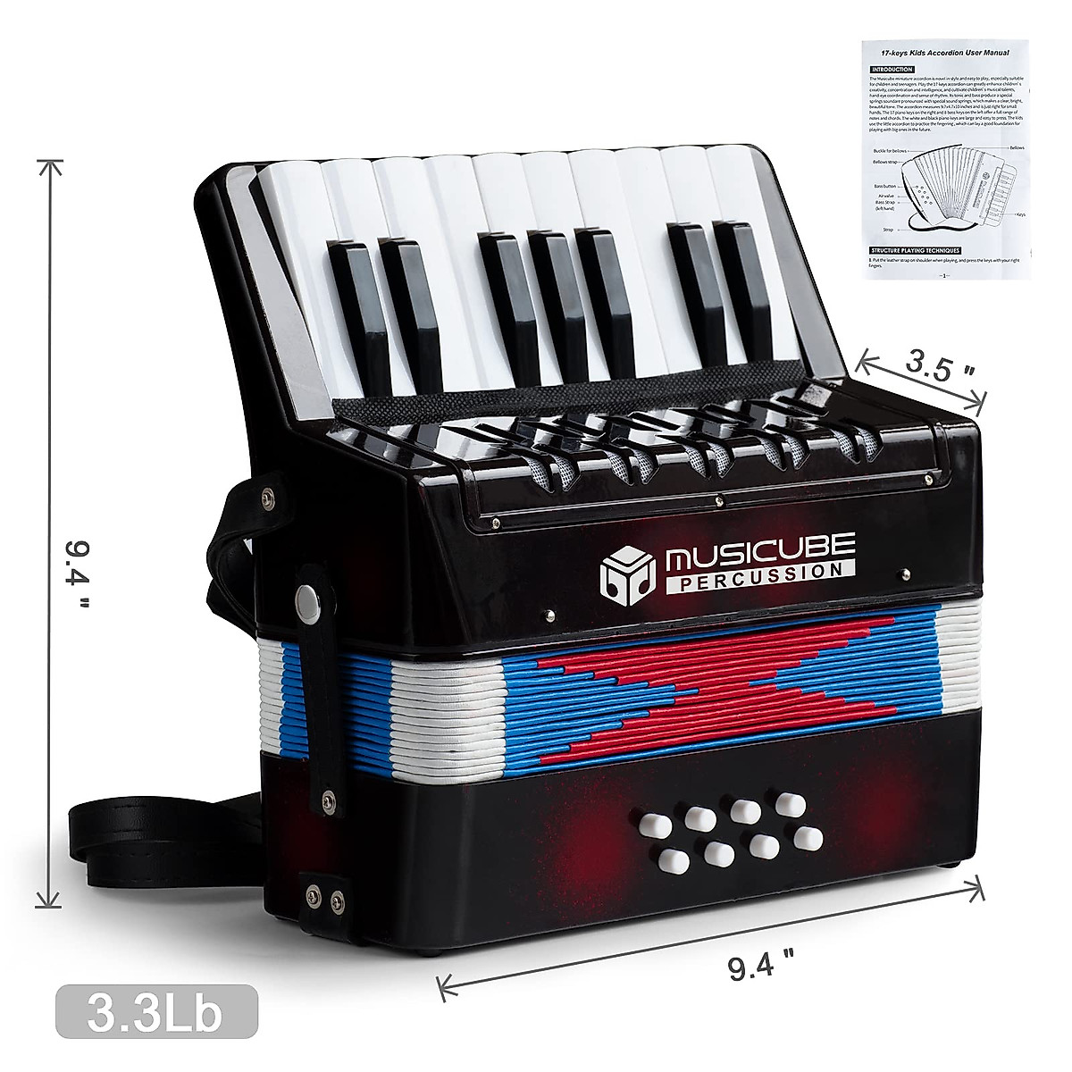MUSICUBE Accordion Instrument for Kids 17 Keys 8 Bass Accordion with Straps for Beginners Adults Student Educational Musical Instrument Toy for Boys Girls Aged 3+ Gift Choice (BLACK)