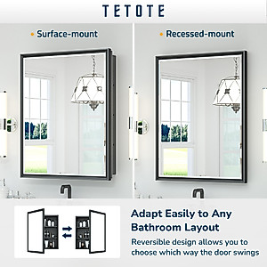 TETOTE Black Framed 60x30 Inch Medicine Cabinet Mirror for Bathroom Aluminum Framed Surface or Recessed Wall-Mounted Medicine Cabinets Beveled Mirror with Storage 3 Door Modern Farmhouse