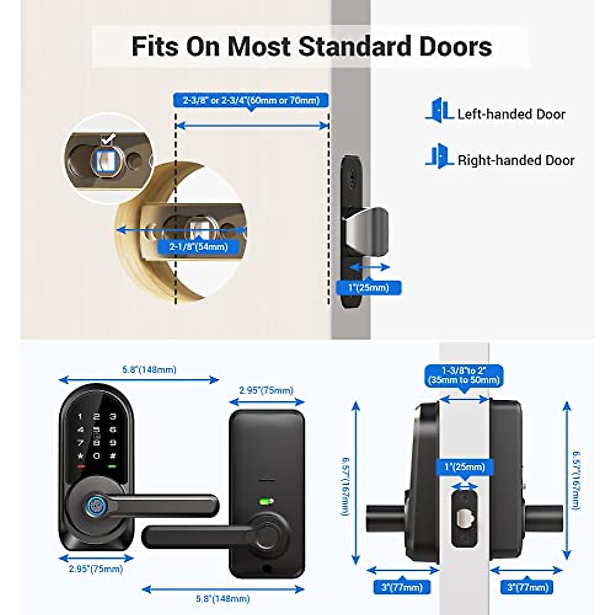 Veise Smart Lock, Keyless Entry Door Lock with Handle, Fingerprint 7-in-1 Locks for Front Door, Electronic Digital Keypad, APP Control, Set, Matte Black