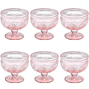 Vintage Glass Dessert Bowls Set of 6-11.5 oz Pink Embossed Glass Ice Cream Bowls for Salad, Candy Cake, Fruit,Trifle,Cocktail