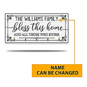 MUCHNEE Personalized Wooden Key Holder Wall Décor with Custom Family Name - Bless Home & People Enter, Key Ring Holder Hook Art with 5 Hooks for Wall, Entryway - Housewarming Gift for Family, Friends