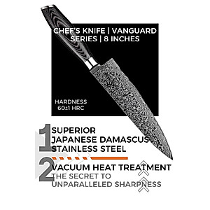 Cuttana Chef's Knife - 8-Inch - Vanguard Series - 67-Layer Damascus VG10 Japanese Steel - Including Wooden Sheath and Gift - Box Professional Kitchen Chef's Knife, Ergonomic Pakkawood Handle