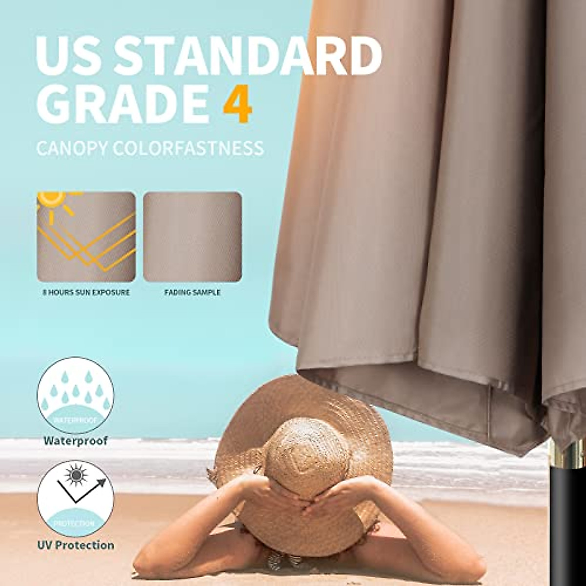 SUNNYARD 9Ft Wooden Market Patio Umbrella Outdoor Garden Yard Umbrella with Pulley Lift for Beach Deck, Taupe