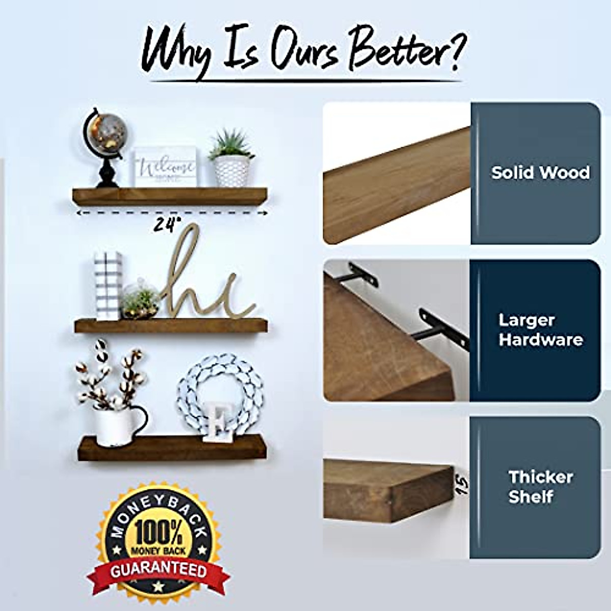 TIN ROOF DESIGNS Floating Shelf Set (Set of 3, 24" x 6" Shelves, Walnut), Rustic Farmhouse Shelving, Thick Hardwood Shelves