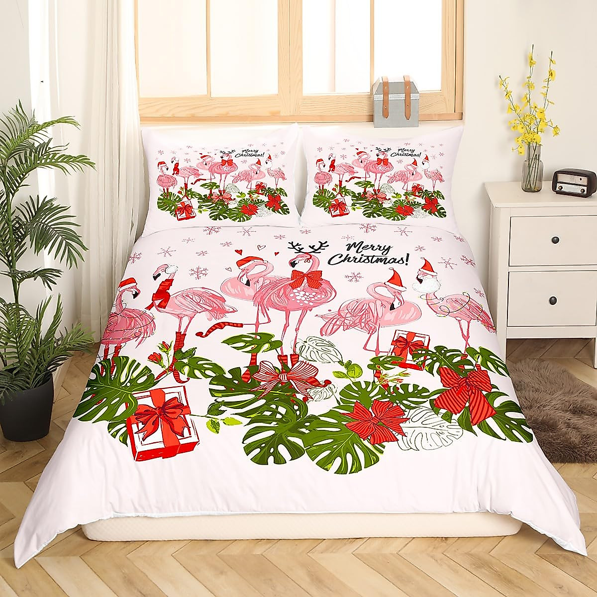 Merry Christmas Bedding Set Queen Size,Pink Flamingo Cartoon Bird Animal Duvet Cover Set for Children Adult,Winter Snowflake Green Leaves Soft Comforter Cover for Dorm Room, Zipper, Ties