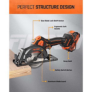 FIILPOW Mini Circular Saw Cordless 4-1/2", 20V Brushless Compact Hand Saw Wireless, 5500 RPM & 2.0Ah battery & Fast Charging, 3 Blades (24 TCT/80 HCS/60 DIAMOND) for Wood, Soft Metal and Tile