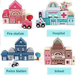 Lewo 115 PCS Wooden Building Blocks with City Map Construction Building Sets City Building Blocks Stacking Blocks Preschool Educational Learning Toys for 3 4 5 6 Years Old Kids Boys Girls Children