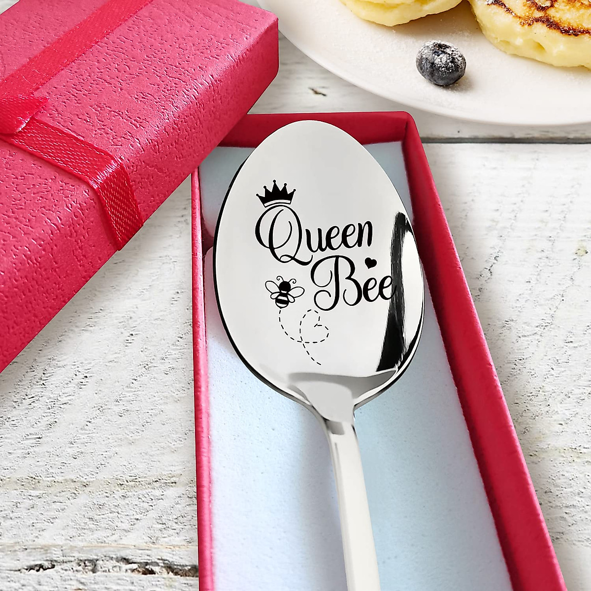 PZJIEAN Queen Bee Funny Engraved Stainless Steel Spoon, Best Ice Cream Coffee Dessert Spoon Gifts for Wife Girlfriend Sister Birthday Mothers Day Christmas