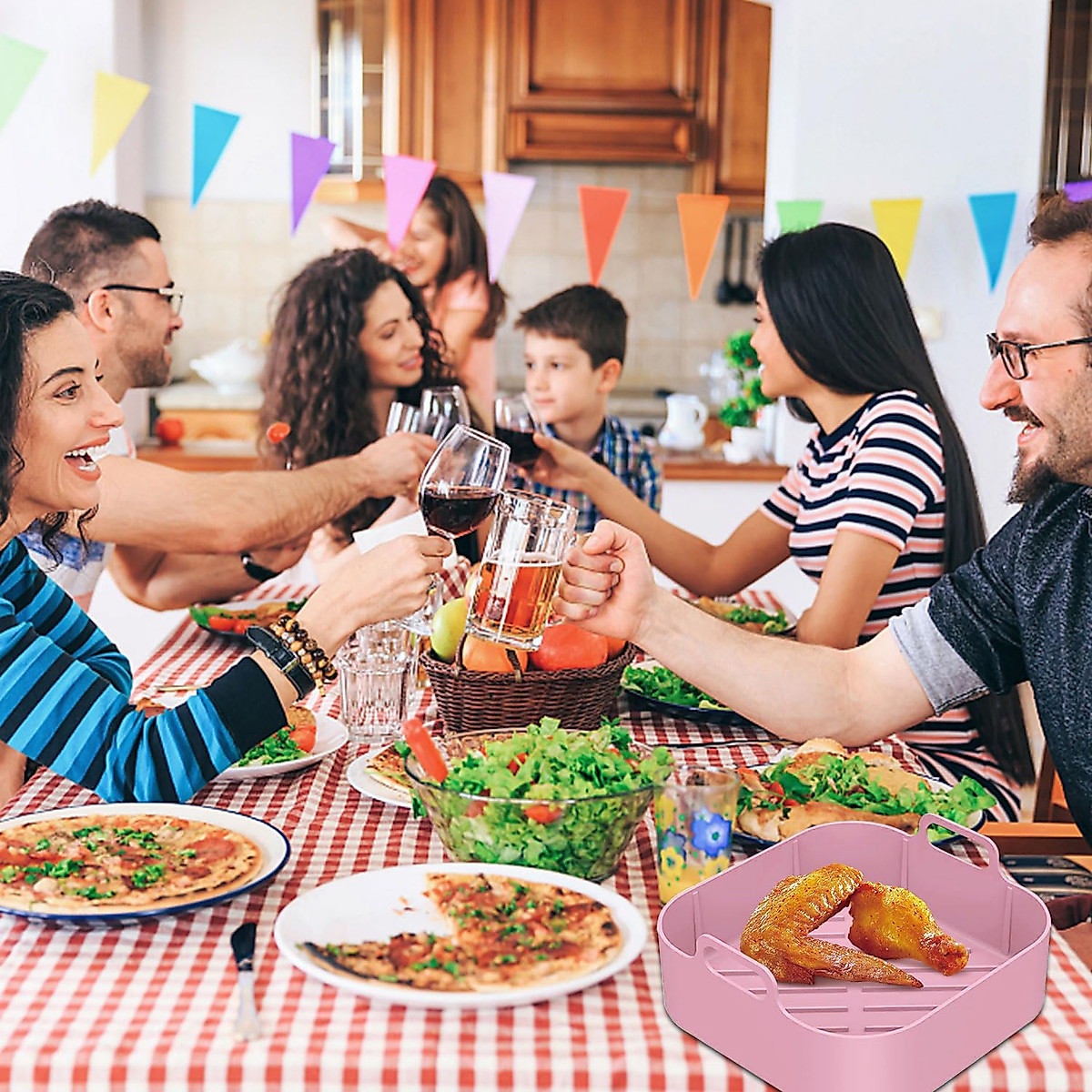 Silicone Air Fryer Basket Liners,2 PCS Reusable Square Air Fryer Liners,Air Fryer Silicone Baking Tray for 3.6 to 6.8 QT Oven Microwave Accessories(Pink + Gray)