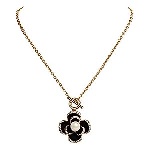Fashion Jewelry designer statement enamel rhinestone camellia flower faux pearl charm pendant necklace for women (Black)