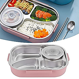 Raviga Stainless Steel Lunch Box 4 Compartments Portable Bento Box for Kids Student or Adult Food Storage Containers with Lids Airtight Soup Bowl And Tableware Large Capacity 50-oz(Pink)