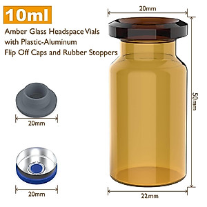 creahub 100 Pack 10ml Glass Vials, Amber Glass Headspace Vials with Plastic-Aluminum Flip Off Caps and Rubber Stoppers, 20mm Flat Bottom Lab Crimp Top Vial for Injection