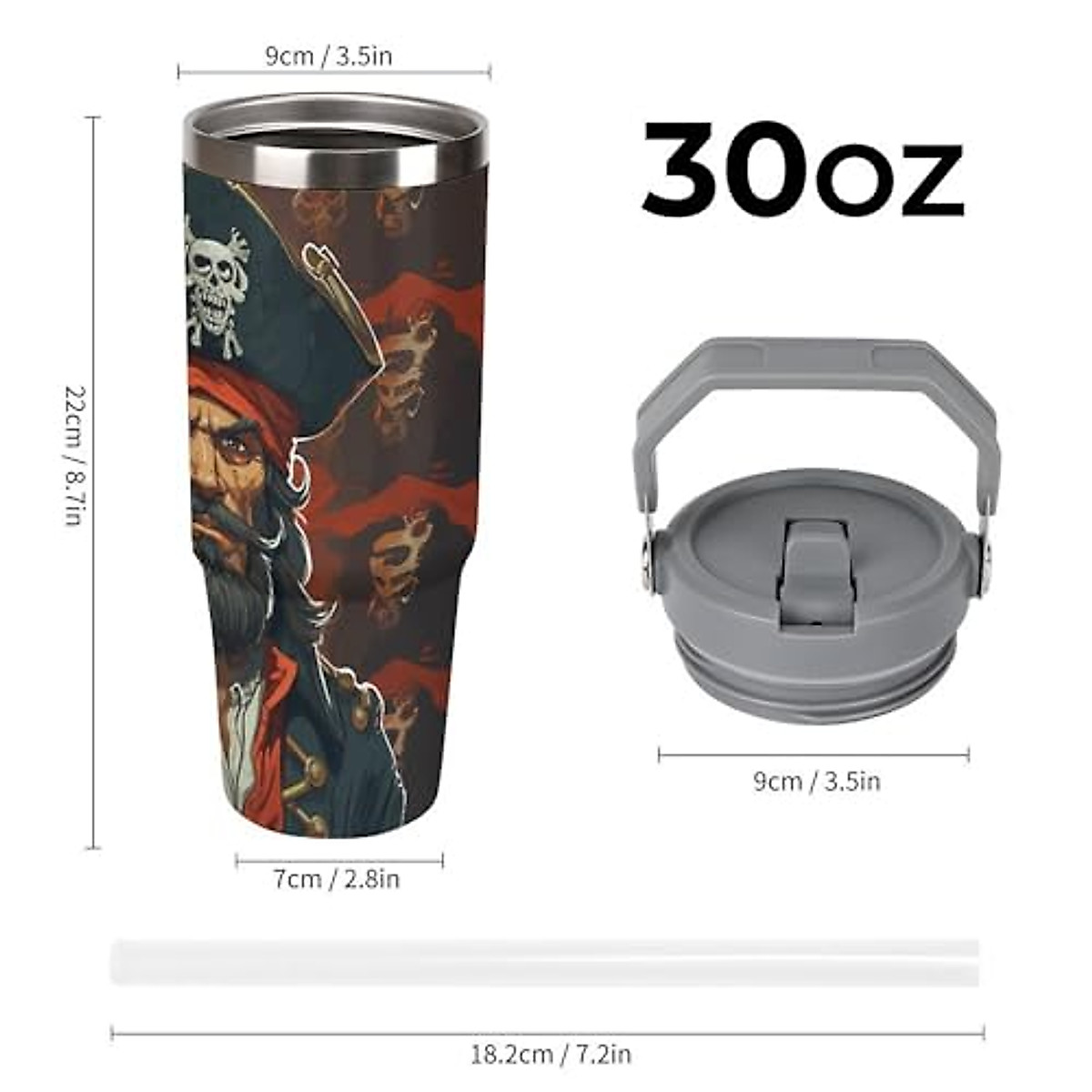 WITHSBKK 30oz Car Cup Pirate Captain Printed with Portable, Stainless Steel Travel Mug, Vacuum Insulated Tumbler And Straw, Leakproof for Car & Outdoor, UV Printed Design