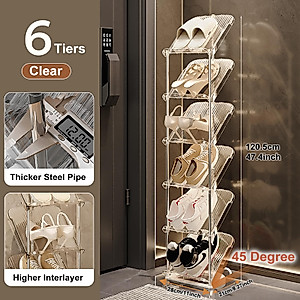 GIUNJOE Vertical Clear Shoe Rack Organizers 6 Tiers Small Narrow Space Saver Shoe Rack Slanted Slim Shoe Shelf 45 Degree Shoe Stand Holder Storage for Closet Cabinet Enteryway Zapatera para Closet