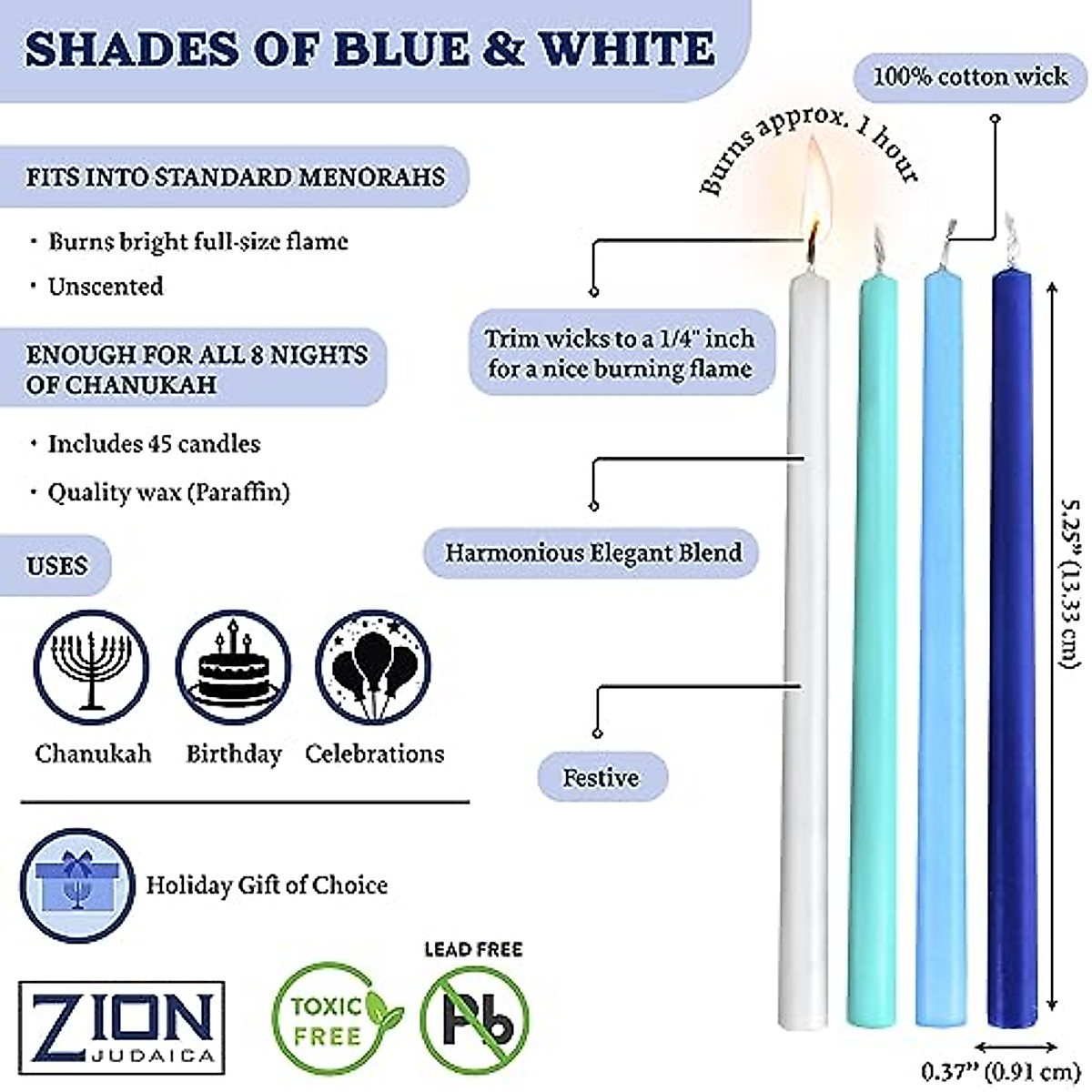 Festive Hanukkah Candles Box of 45 Multi-Blue Candles Thin Chanukah Menorah Candles with Prayer Card & DIY Dreidel Fits Standard Menorahs for All 8 Nights of Hanukah by Zion Judaica