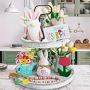 Spring Easter Decorations, 6PCS Easter Bunny Gnome Tiered Tray Decor, Plush Bunny, Easter Gnome Plush, Spring Wood Signs, Flower Bead Garland, Easter Farmhouse Kitchen Table Decor
