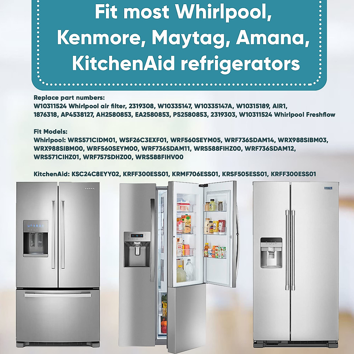 W10311524 Fresh Flow Air Filter For Whirlpool Refrigerator 2319308, W10335147, W10335147A, W10315189, AIR1, 1876318, AP4538127, AH2580853, EA2580853, PS2580853, 2319303 (3 Pack)