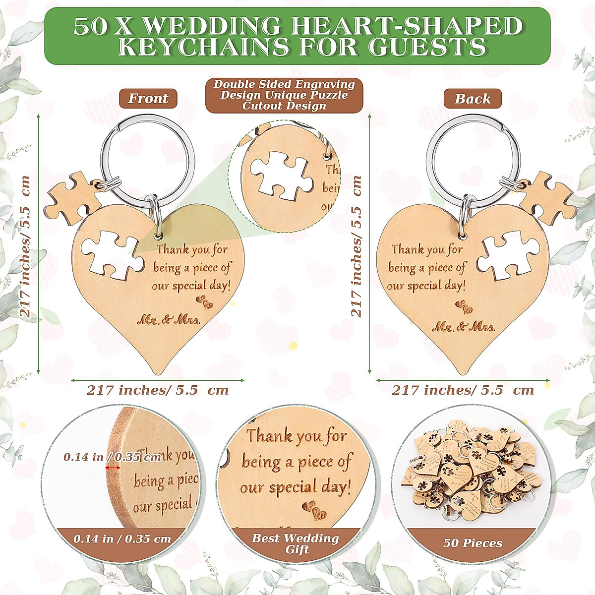 Ecation Wedding Favors for Guests Wood Heart Puzzle Keychains Thank You Cards Gift Bag Bridal Shower Souvenir Gifts(100 Sets)
