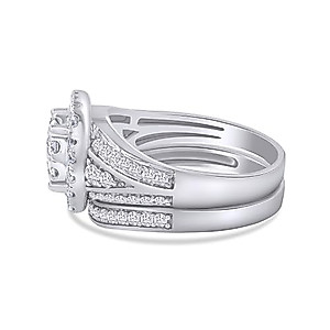 SAVEARTH DIAMONDS 1 1/4 CTTW Round Lab Created Moissanite Diamond Double Halo Bridal Set Wedding Ring in 14k White Gold Over Sterling Silver (1.25 Cttw) Size-9