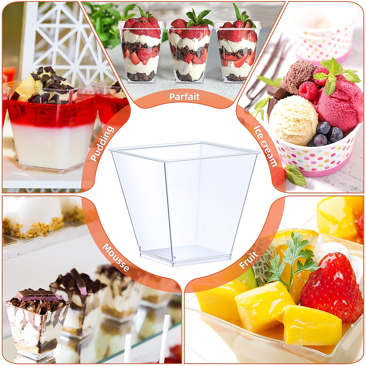 Zubebe Dessert Cups 8 oz Clear Plastic Appetizer Cups Small Square Dessert Bowls Mini Serving Cups for Tasting Party, Baby Shower Party, Wedding, Birthday Party Favor (200 Pcs)