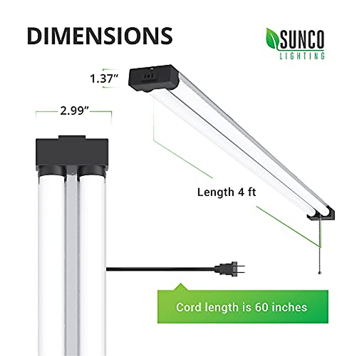 Sunco LED Workshop Black Garage Shop Light 4FT, Plug in Linkable Utility Light Fixtures, 260W=40W, 5000K Daylight, Frosted Lens, Pull Chain, Hanging/Mounted, 4100 LM - ETL Energy Star 2 Pack