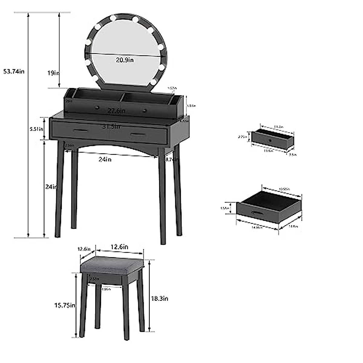 ISHARINGTIME Vanity Table, Vanity Desk with Lighted Mirror, 4 Drawers Makeup Table with Soft Cushioned Stool for Bedroom Studio (Black) TYVT010BK