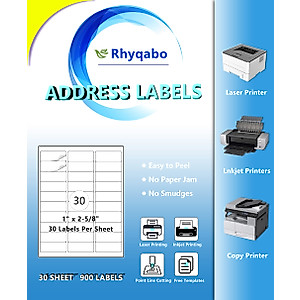 Rhyqabo 1" X 2-5/8" Address Labels Sticker,900 Labels Mailing Labels,for Laser and Inkjet Printers,Return Address Labels 8.5" × 11" White 30 Sheet,Strong Adhesive