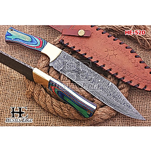 HUNTEX Handmade Hand-Forged Rain Drop Pattern Damascus Steel 14 Inch Long Full Tang Pakka Wood Handle Razor Sharp Hunting Camping Bowie Knife w/Genuine Leather Sheath