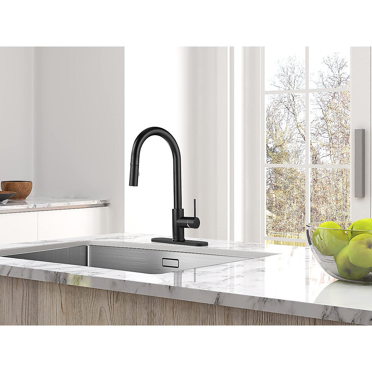 AguaStella AS60MB Matte Black Pull Down Kitchen Faucet and ASD52MB Matte Black Deck Plate Combination