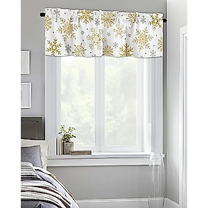 Winter Snowflake Kitchen Curtain Valance for Window Gold Grey Geometric on White 60x18In Rod Pocket Valances Short Curtains Window Treatment for Living Room Bathroom Bedroom Cafe Decor Wave Point