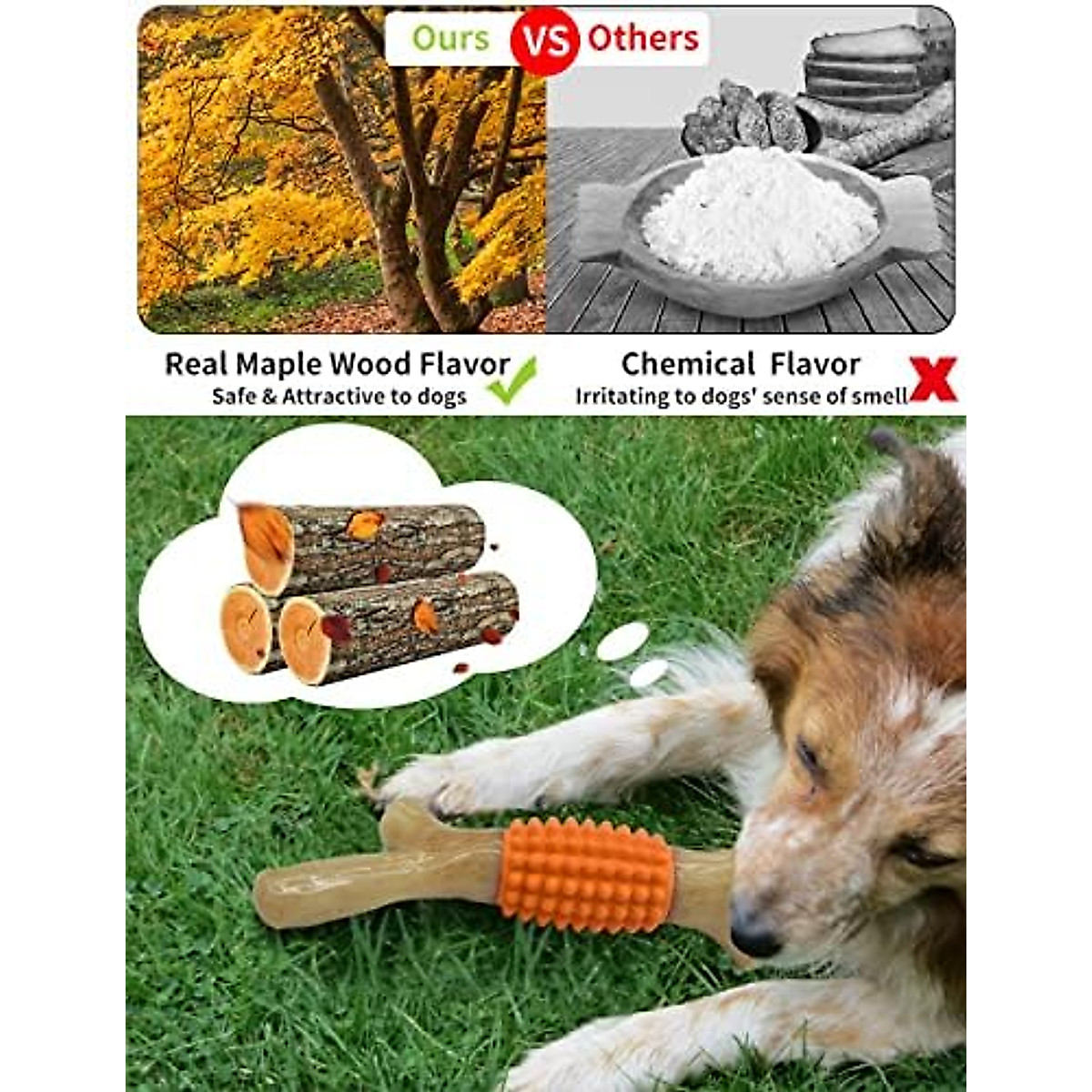 SCHITEC Dog Chew Toy for Aggressive Chewers, Tough Big Nylon & Rubber Teething Stick with Real Bacon Maple Wood Flavor for Large Medium Breed