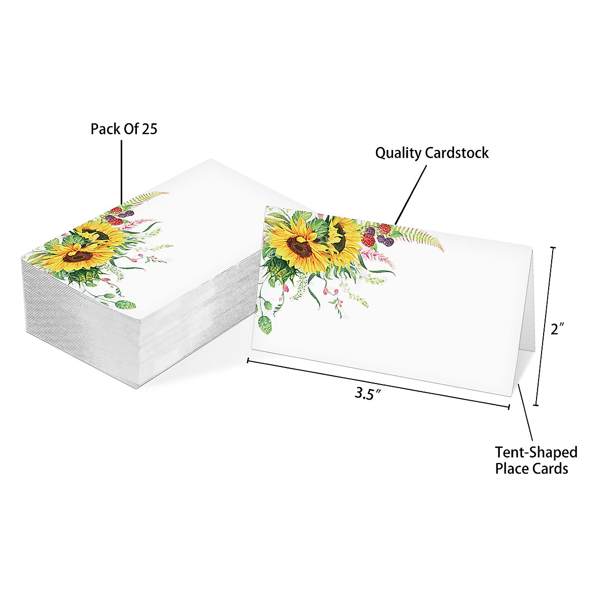 Table Place Card, Sunflower Themed Tent Style Cards, Pack of 25 Half-Fold Reception Place Card, Perfect for Sunflower Party, Wedding, Bridal & Baby Shower, Birthday, Banquet and Special Events A21