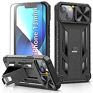 SOiOS for iPhone 13 Mini & 12 Mini Rugged Case: with Kickstand & Slide 13mini 12mini Protective Cell Phone Cover Military Grade Drop Protection Durable Tough Hard | Shockproof Textured Bumper- Black