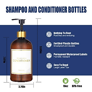 Akalin 16oz Shampoo and Conditioner Dispenser, Set of 3 Shampoo Bottles Refillable with Pump, 3 Shampoo and Conditioner Bottles, Shower Bottles Refillable with 6 Waterproof Labels (Brown)