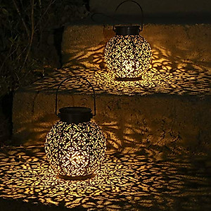 Solar Lanterns Outdoor, Shineslay Solar Lanterns Outdoor IP44 Waterproof, 2 Pack Hollowed-Out Metal Retro Hanging LED Lights, Sensitive Lighting Control Lamp for Patio Courtyard Balcony Garden