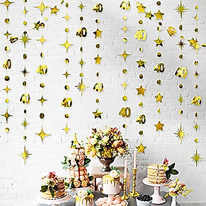 Gold 40th Birthday Decorations Number 40 Circle Dot Twinkle Star Garland Metallic Hanging Streamer Bunting Banner Backdrop for Women Mens 40 Year Old Birthday Forty Anniversary Party Supplies