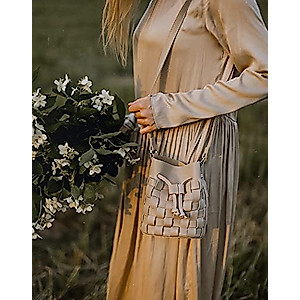 TIJN Woven Bucket Bag for Women Luxury Satchel Handbag with Vegan Leather Crossbody Bag,Cream(Ailin)