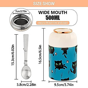 CUPADA Black Cat Kitten Cartoon Food Jar, Cute Claw Scratch Insulated Hot Food Jars Vacuum 17OZ with Folding Spoon for Work Trip Picnic Camping