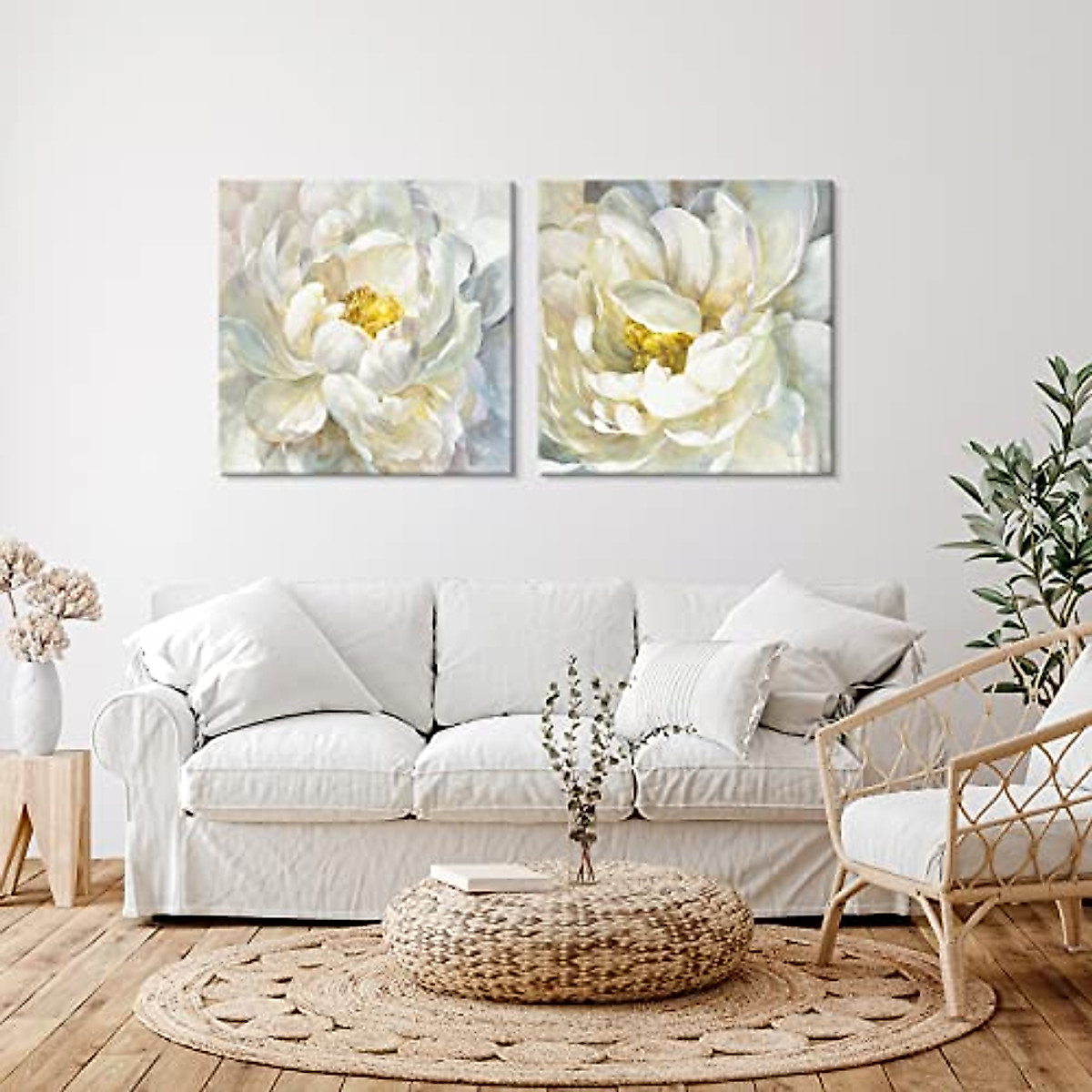 SEVEN WALL ARTS Flower Canvas Wall Art Peony Floral Pictures Set Abstract White and Yellow Blossom Paintings for Bedroom Bathroom Kitchen Office Living Room Wall Decor 24"x24"x2pcs