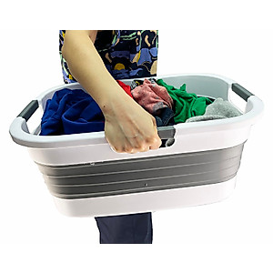 SAMMART 30L (7.9 gallon) Collapsible Plastic Laundry Basket - Foldable Pop Up Storage Container/Organizer - Portable Washing Tub - Space Saving Hamper/Basket (2, White/Steel Grey)